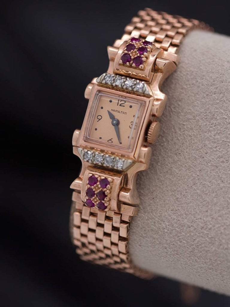 Hamilton Ladies Rose Gold Ruby and Diamond Dress Model Wristwatch ...