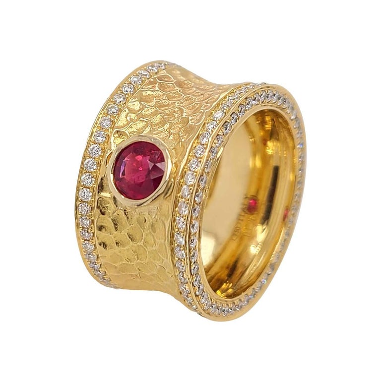 Hammer Finish Two-Tone 18 Karat Italian Diamond Ring with Ruby Center ...
