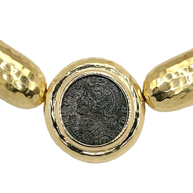 Hammered 14K Gold Choker with Ancient Roman Bronze Coin For Sale at 1stDibs