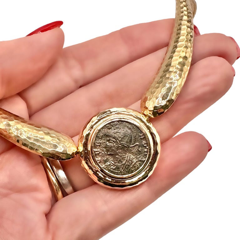 Hammered 14K Gold Choker with Ancient Roman Bronze Coin For Sale at 1stDibs