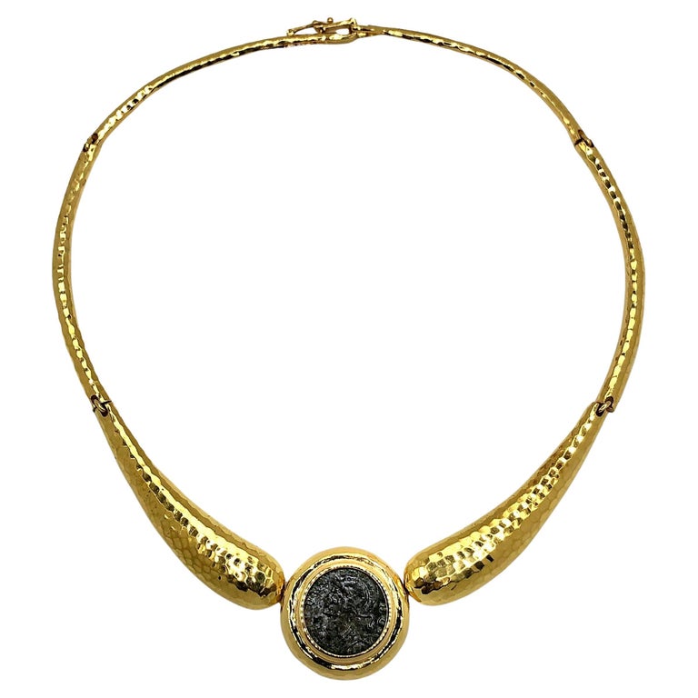 Hammered 14K Gold Choker with Ancient Roman Bronze Coin For Sale at 1stDibs