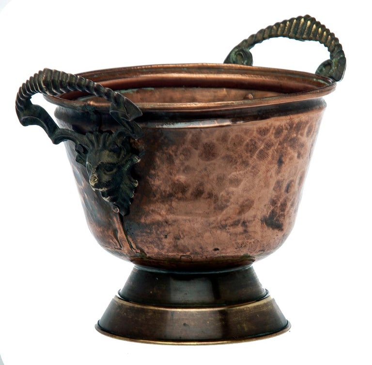 Hammered Brass and Copper Footed Bowl w/ Lion Head Handles For Sale at ...