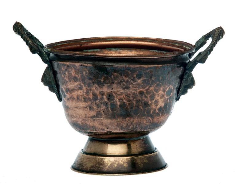Hammered Brass and Copper Footed Bowl w/ Lion Head Handles For Sale at ...