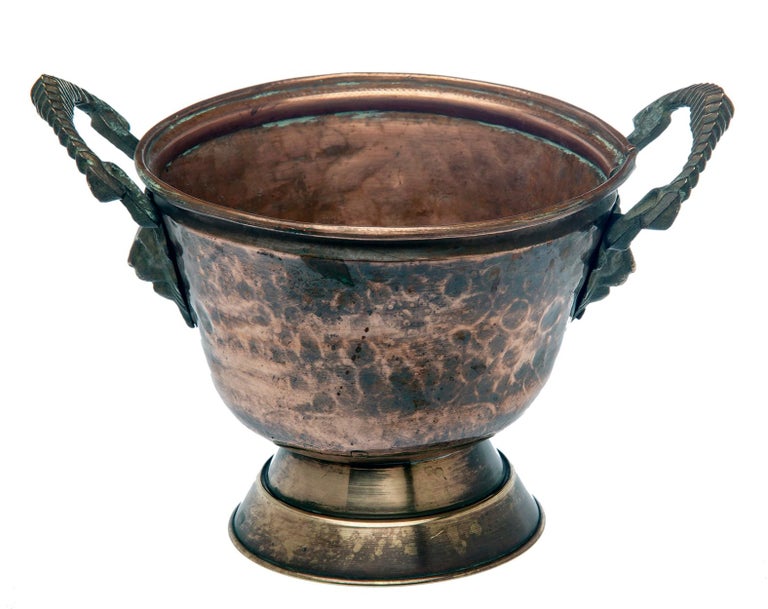 Hammered Brass and Copper Footed Bowl w/ Lion Head Handles For Sale at ...