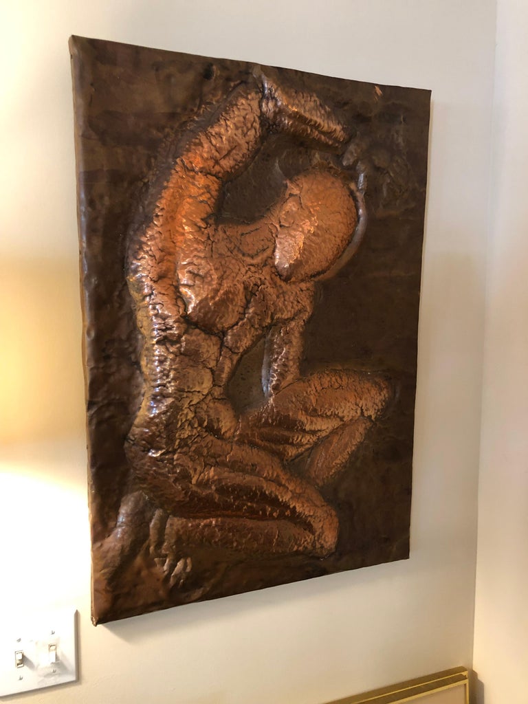 Mid Century Hammered Copper Wall Relief of a Man For Sale at 1stDibs