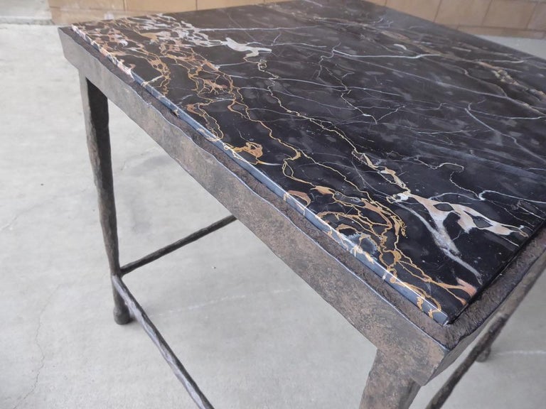 Hammered Iron Side Table with Inset Marble Top For Sale at 1stDibs
