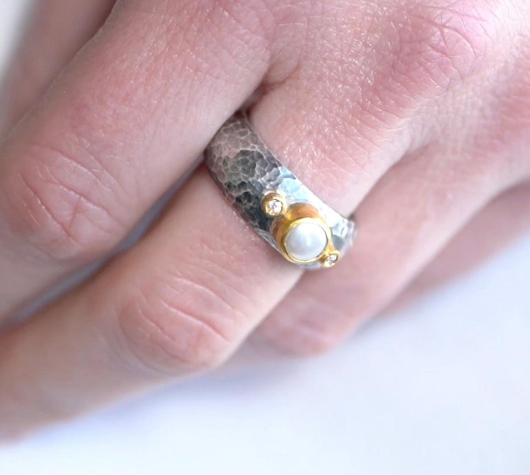 Hammered Silver Ring with Pearl and Diamonds, 24kt Gold and Sterling ...