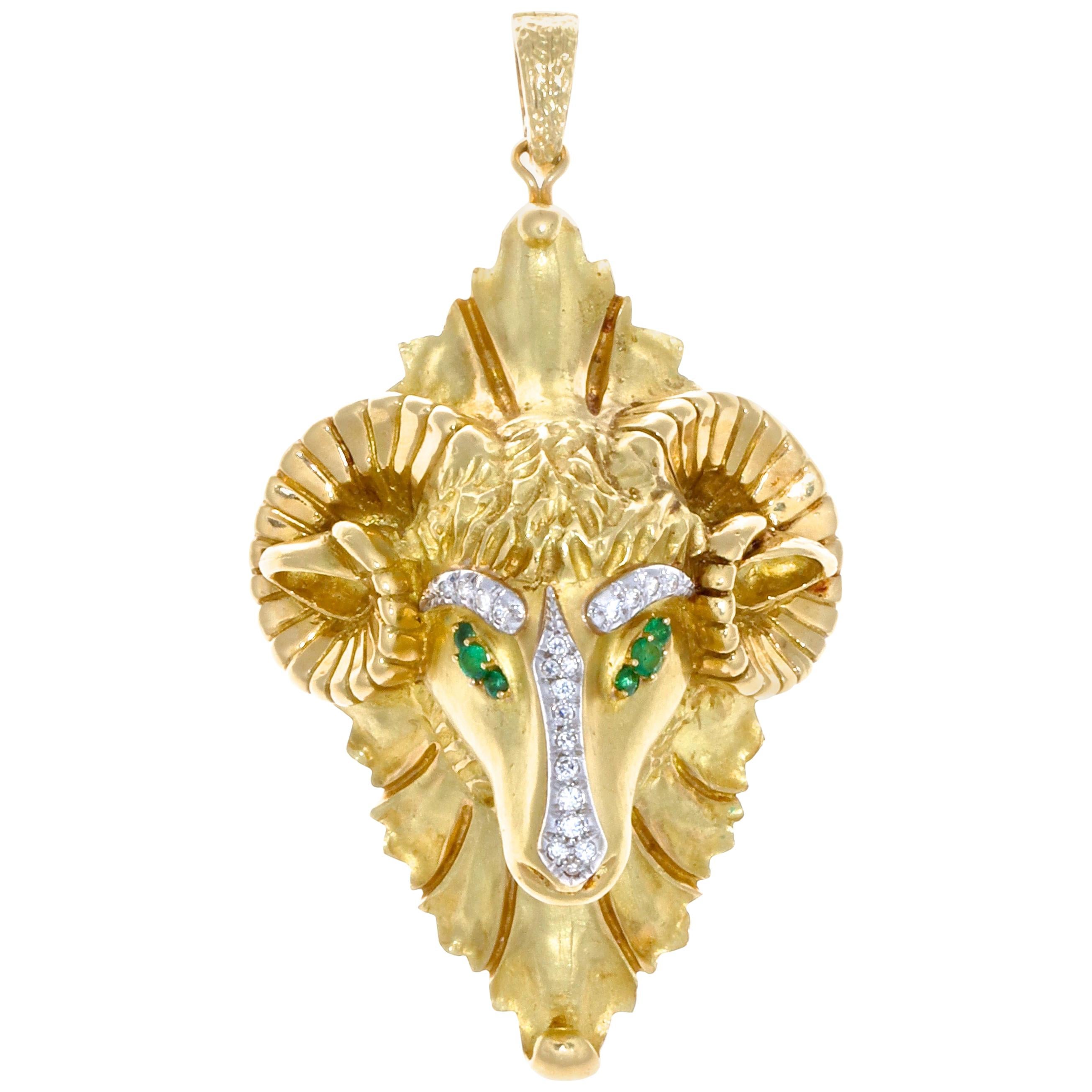 Hammerman Brothers Diamond Emerald Ram 18 Karat Yellow Gold Pendant at ...