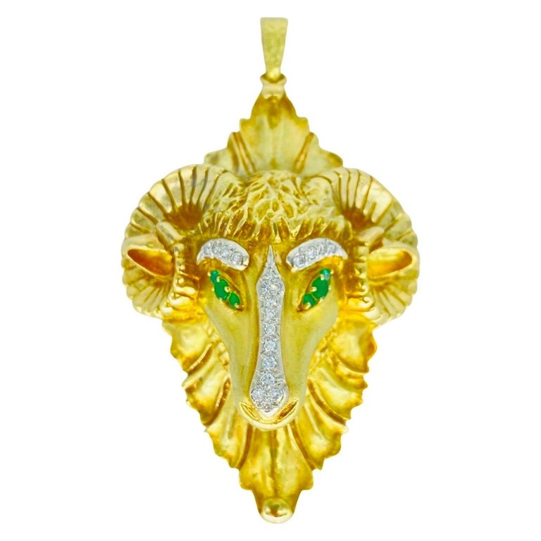 Hammerman Brothers Strong Ram Brooch/Pendant with Diamonds and Emeralds ...