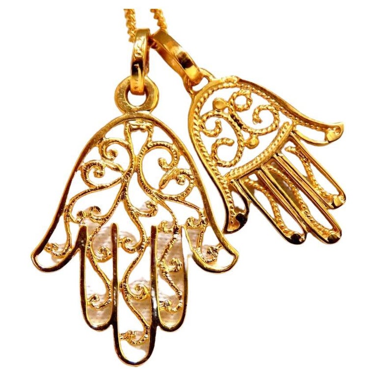 Hamsa Big and Small Filigree Necklace 14kt Gold For Sale at 1stDibs