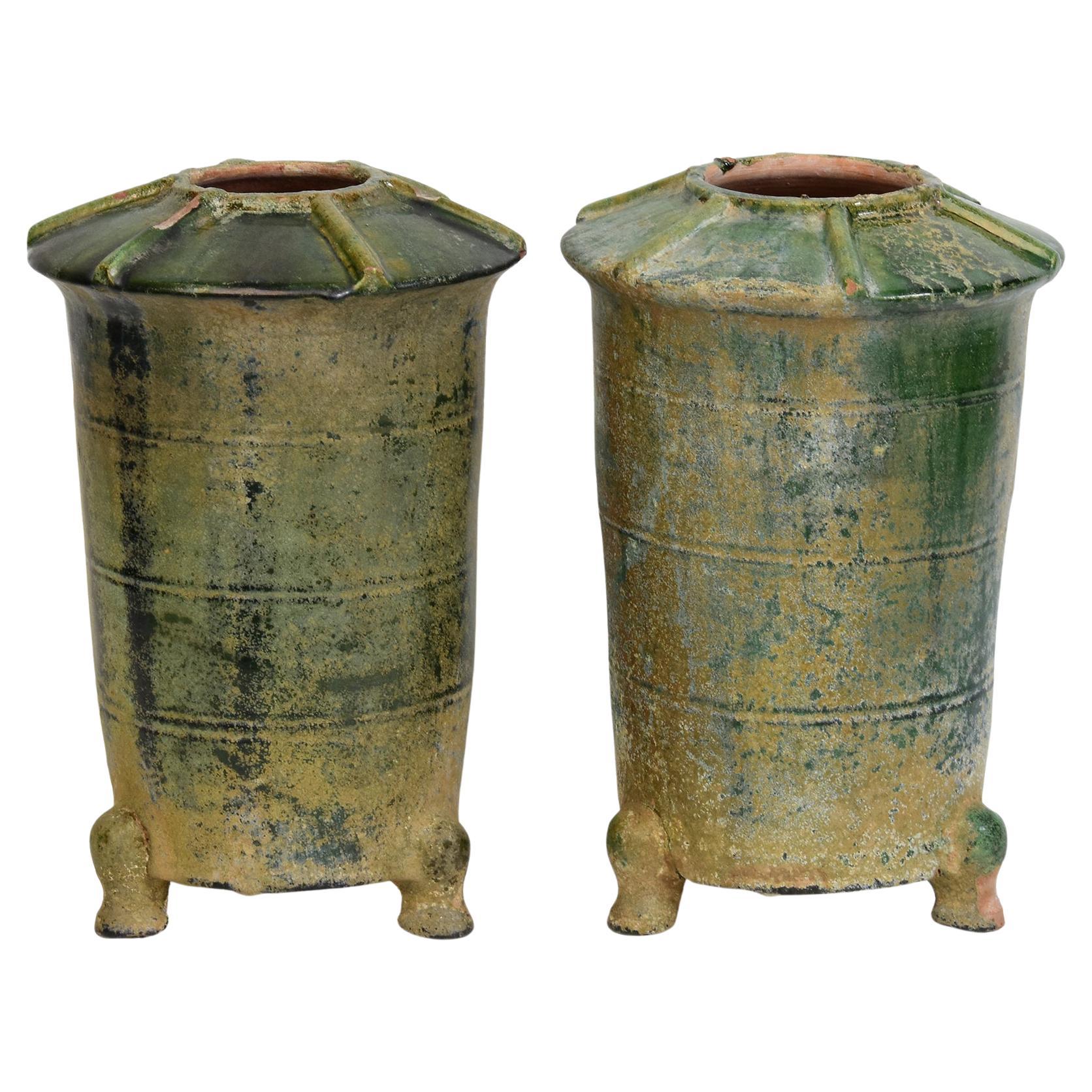Han Dynasty, A Pair of Antique Chinese Green Glazed Pottery Granary ...