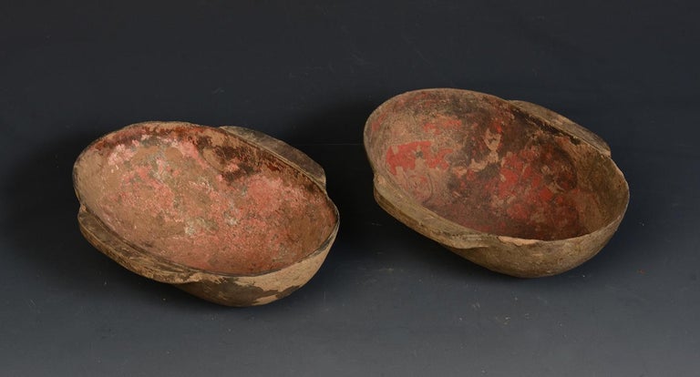 Han Dynasty, A Pair of Antique Chinese Painted Pottery Erbei Wine Cup ...