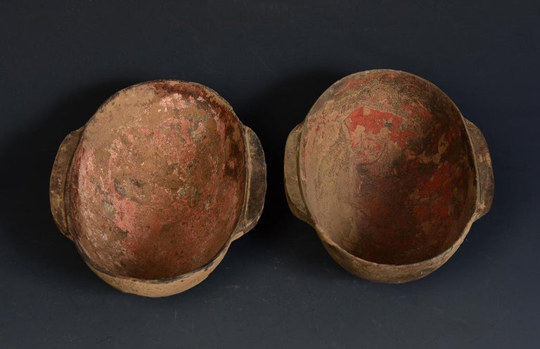Han Dynasty, A Pair of Antique Chinese Painted Pottery Erbei Wine Cup ...