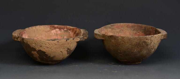 Han Dynasty, A Pair of Antique Chinese Painted Pottery Erbei Wine Cup ...