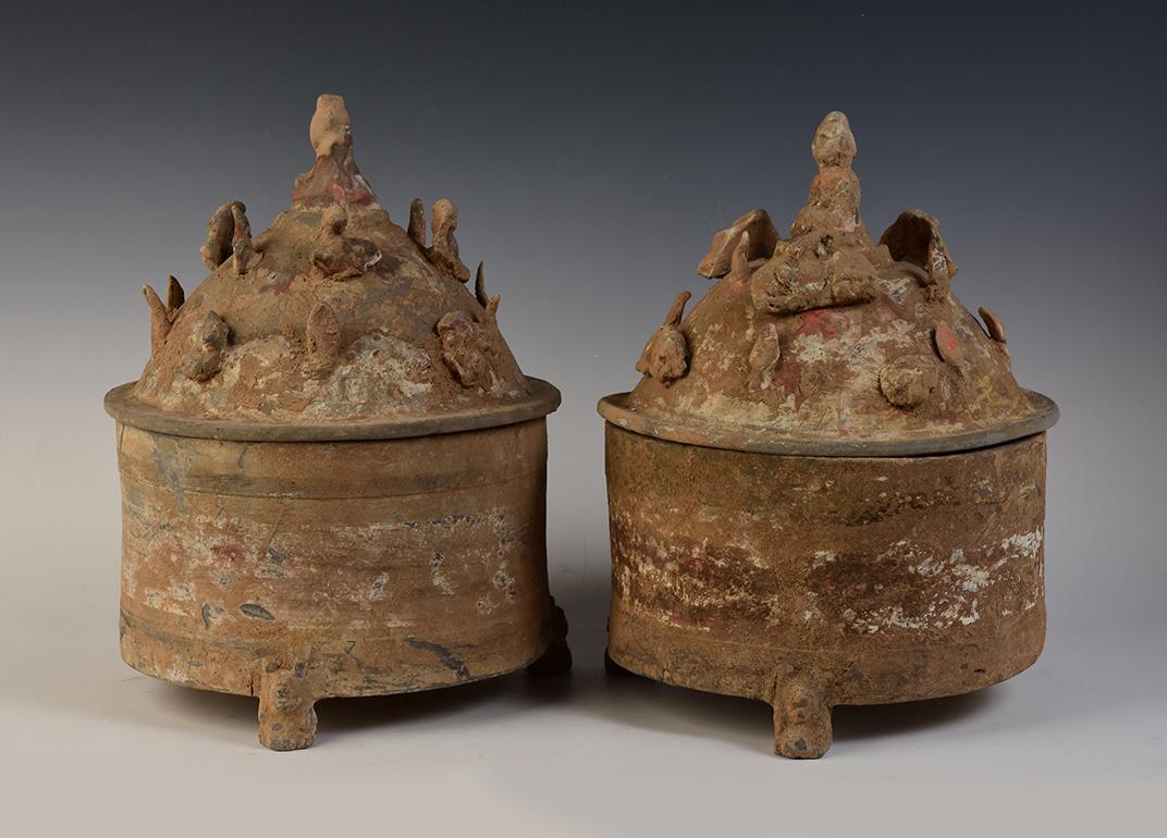 Han Dynasty, a Pair of Antique Chinese Pottery Covered Box with Design ...