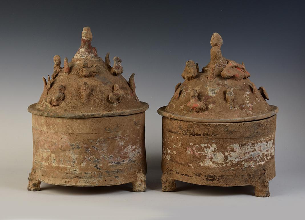Han Dynasty, a Pair of Antique Chinese Pottery Covered Box with Design ...