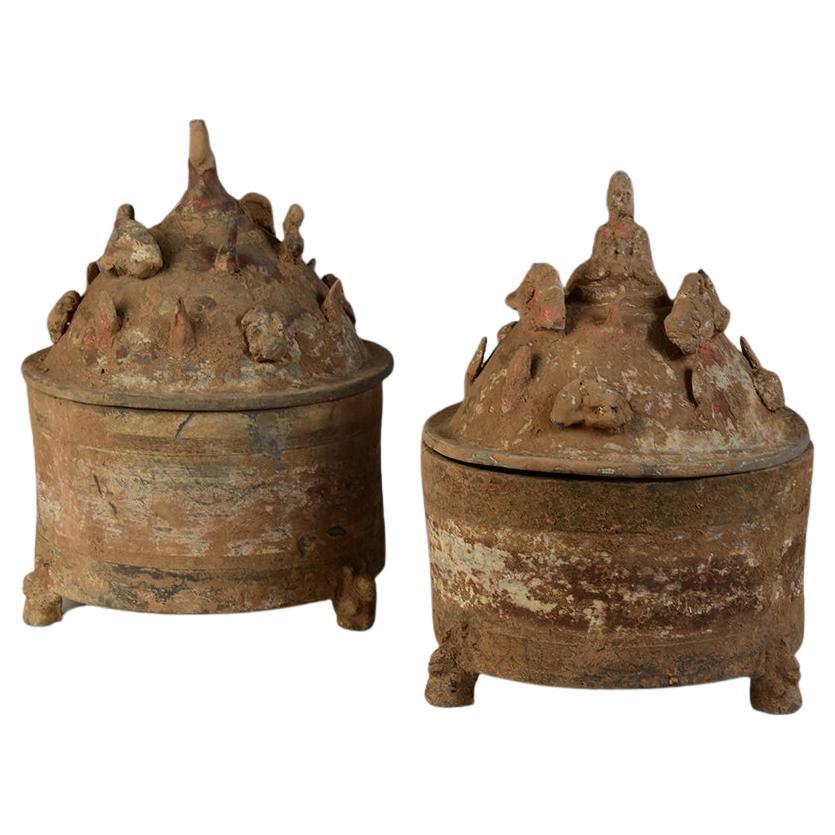 Han Dynasty, a Pair of Antique Chinese Pottery Covered Box with Design ...