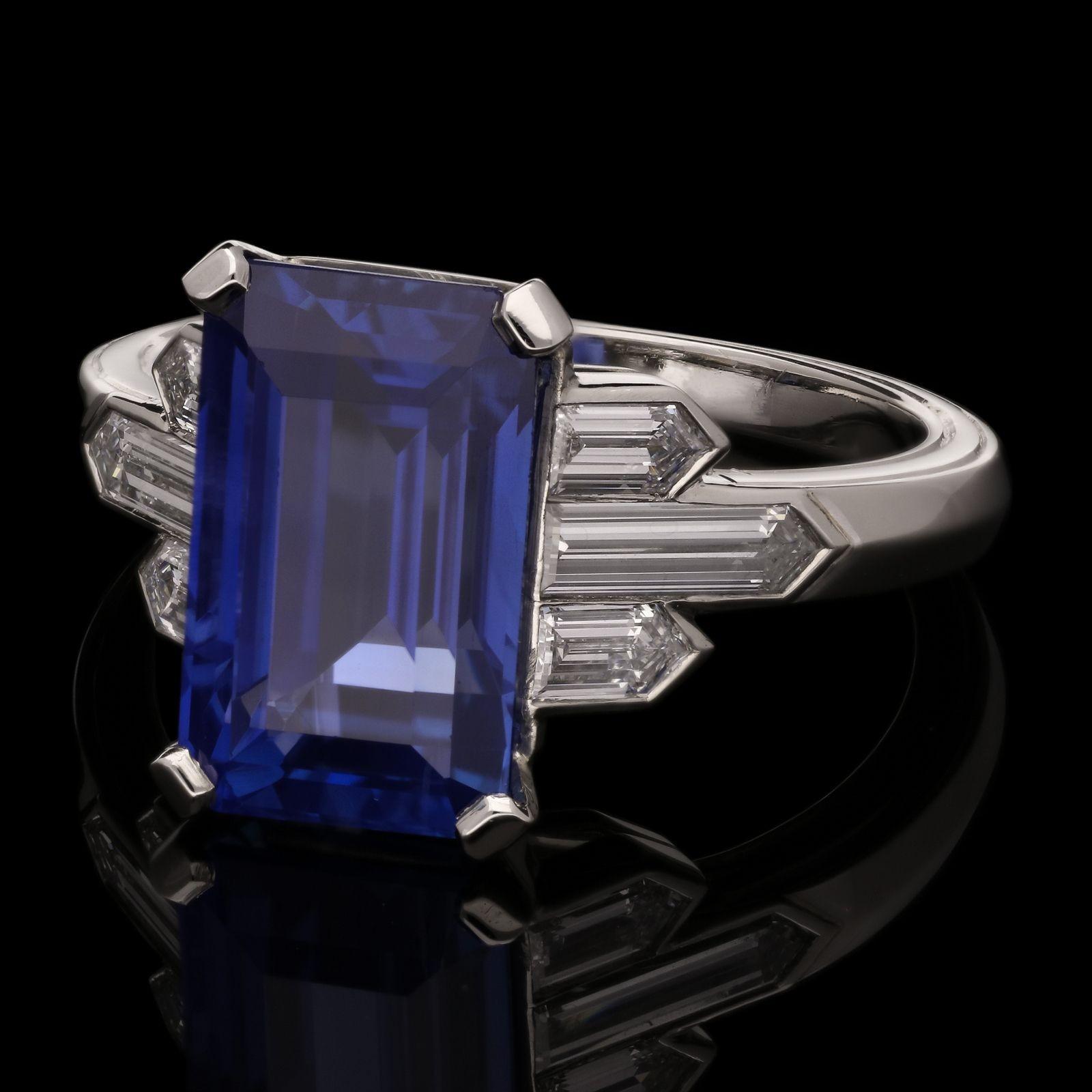 Hancocks 6.19ct Ceylon Sapphire Ring with Bullet Cut Diamond Shoulders ...