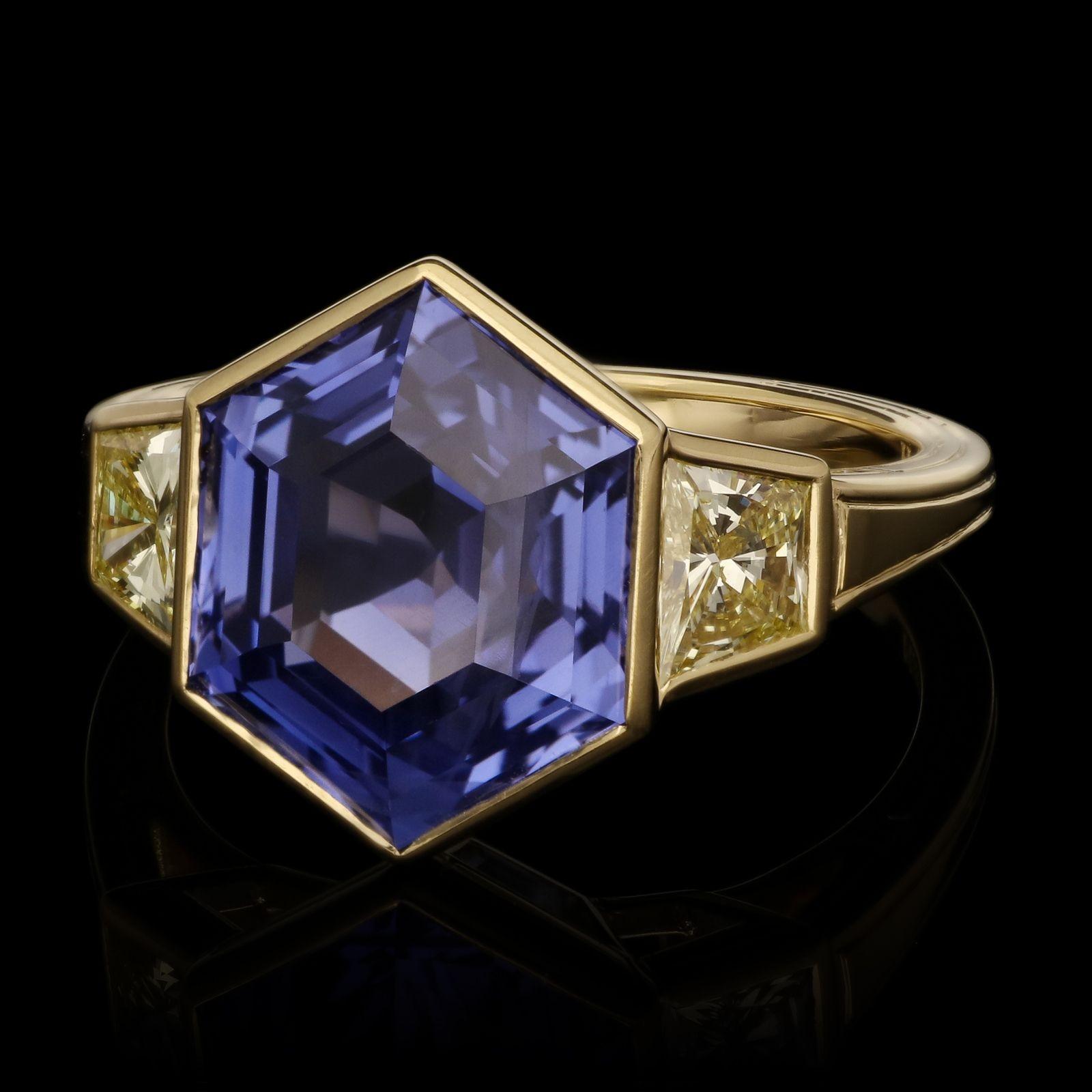Hancocks 6.52ct Hexagonal Ceylon Sapphire Ring with Yellow Diamond ...