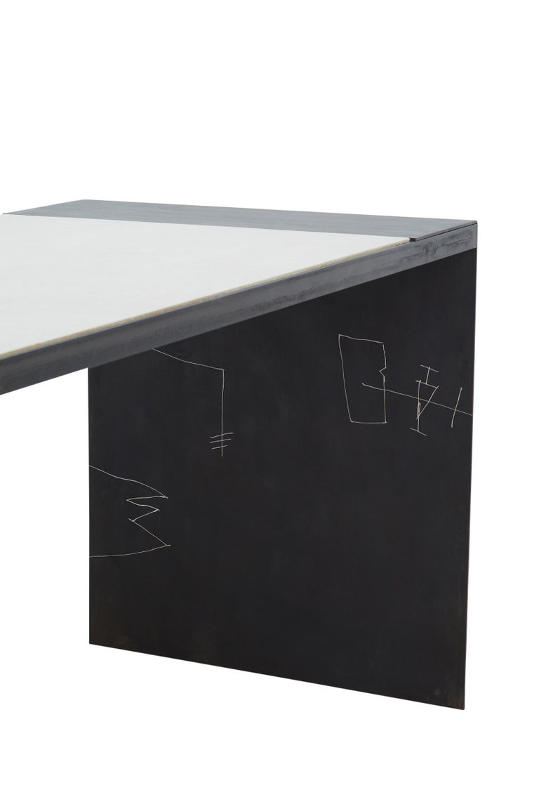 Hand-Blackened, Bespoke and Etched Dining "Steel Table" with Viroc Top ...