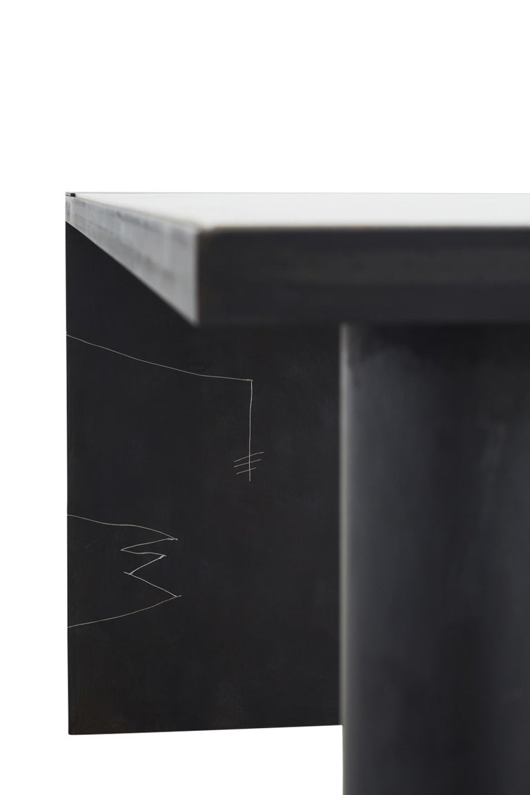 Hand-Blackened, Bespoke and Etched Dining "Steel Table" with Viroc Top ...