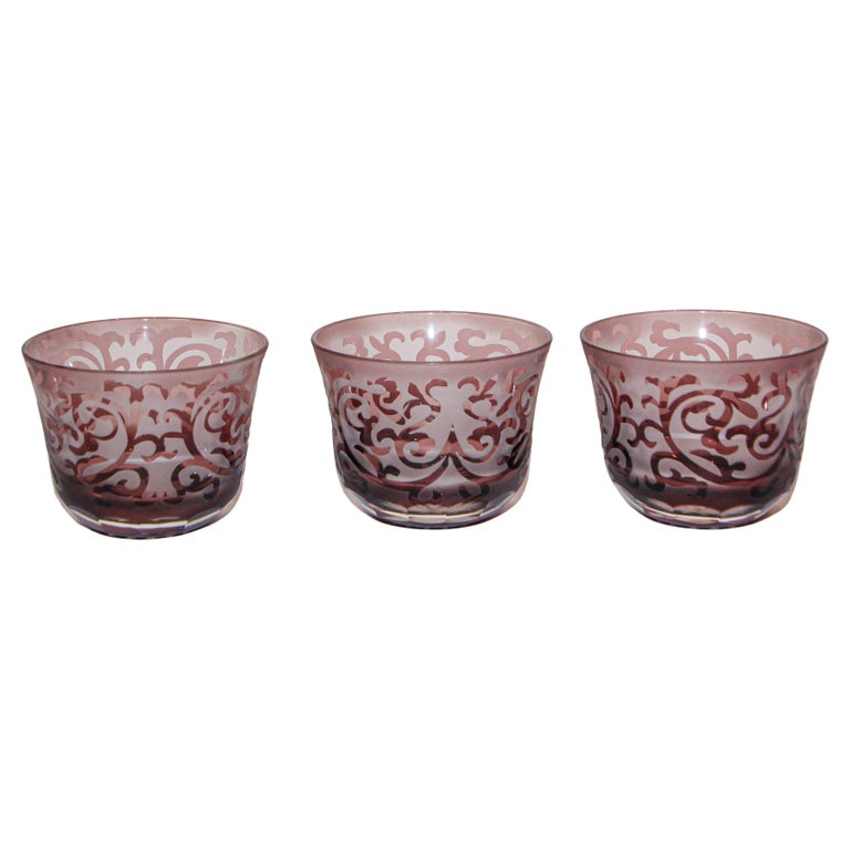 Hand Blown Bohemia Crystal Etched Set of Three Cups For Sale at 1stDibs