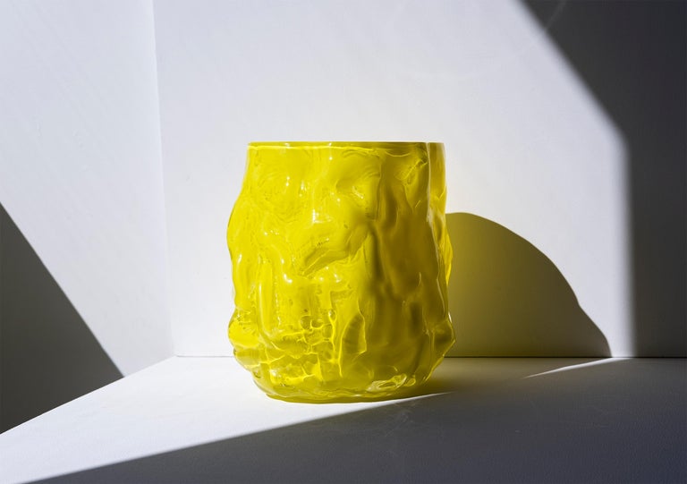 Hand Blown Contemporary Wrinkle Neon Yellow Glass Vase by Erik Olovsson ...