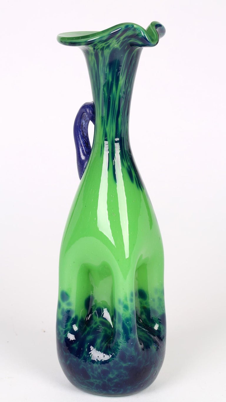 Hand Blown Dimple Design Handled Stylish Art Glass Jug For Sale at 1stDibs