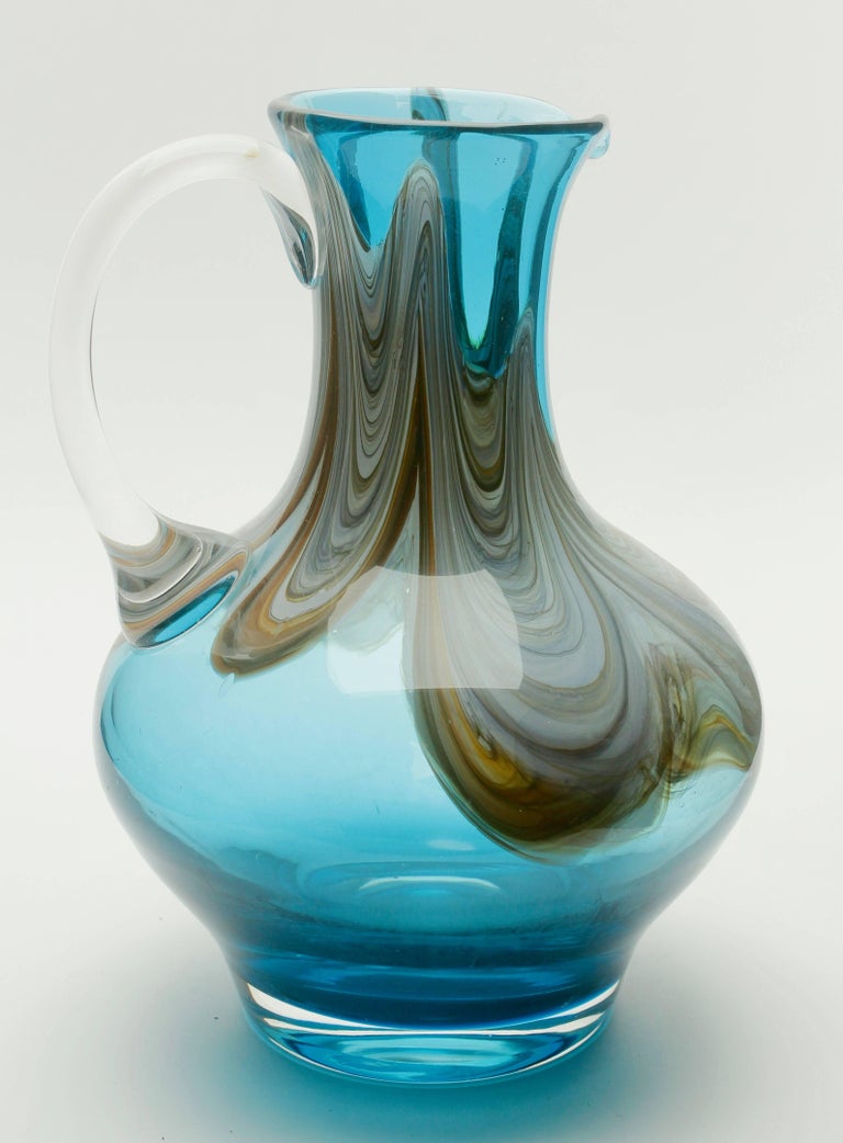 Hand Blown Handle Art Glass Pitcher with Agate-Colored Swirls For Sale ...