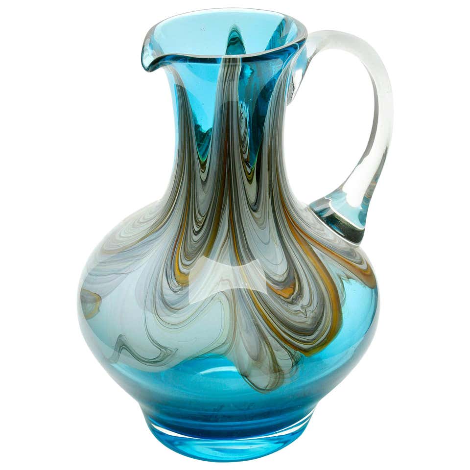 Hand Blown Handle Art Glass Pitcher With Agate Colored Swirls For Sale At 1stdibs