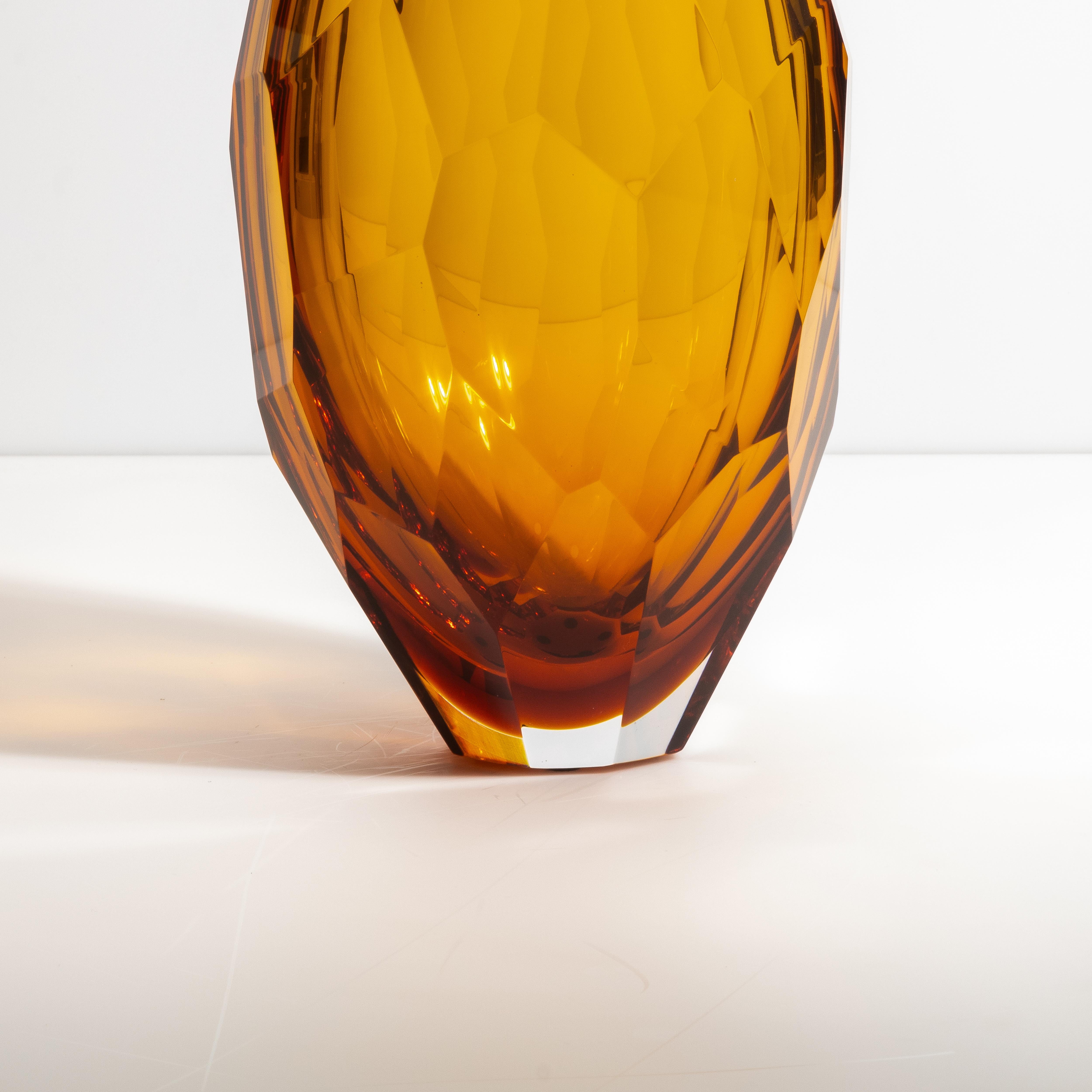 Hand Blown Murano Facet Vase in Amber For Sale at 1stDibs