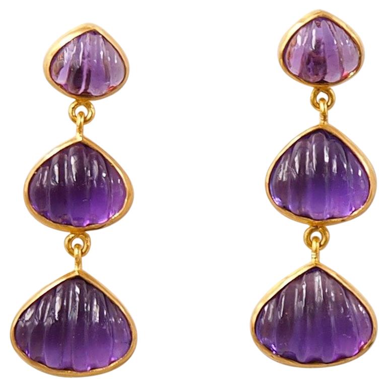 Hand Carved Amethyst Shell 22 Karat Gold Push Earrings For Sale at 1stDibs