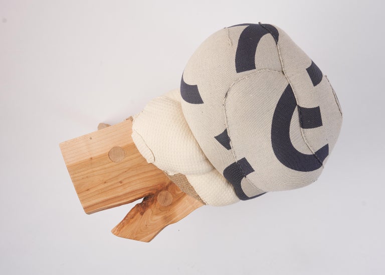 Hand Carved and Woven Stool, Partly Quilted Textile Pouf, Modern Burl ...