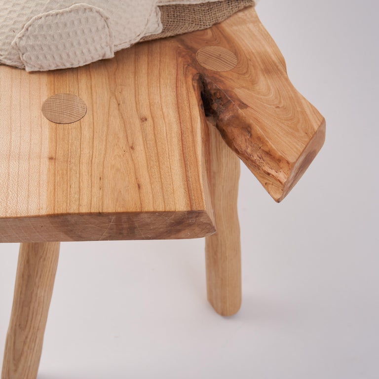 Hand Carved and Woven Stool, Partly Quilted Textile Pouf, Modern Burl ...