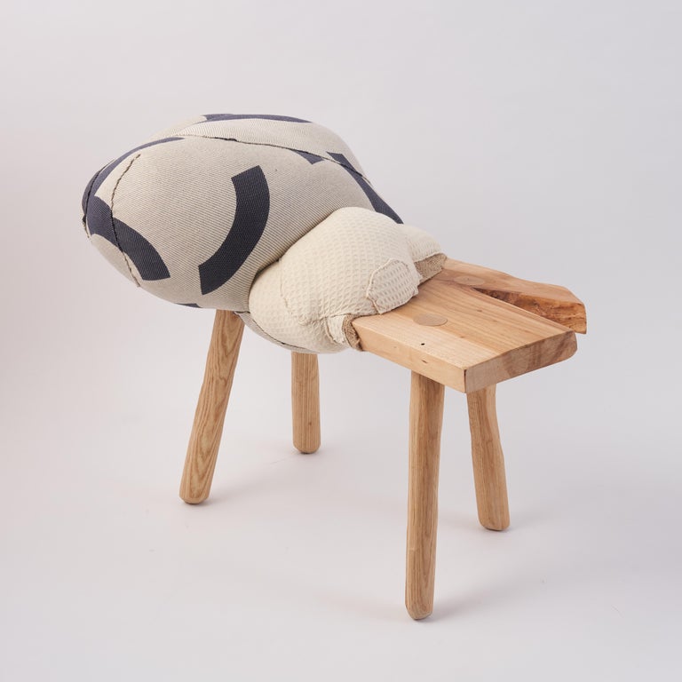 Hand Carved and Woven Stool, Partly Quilted Textile Pouf, Modern Burl ...