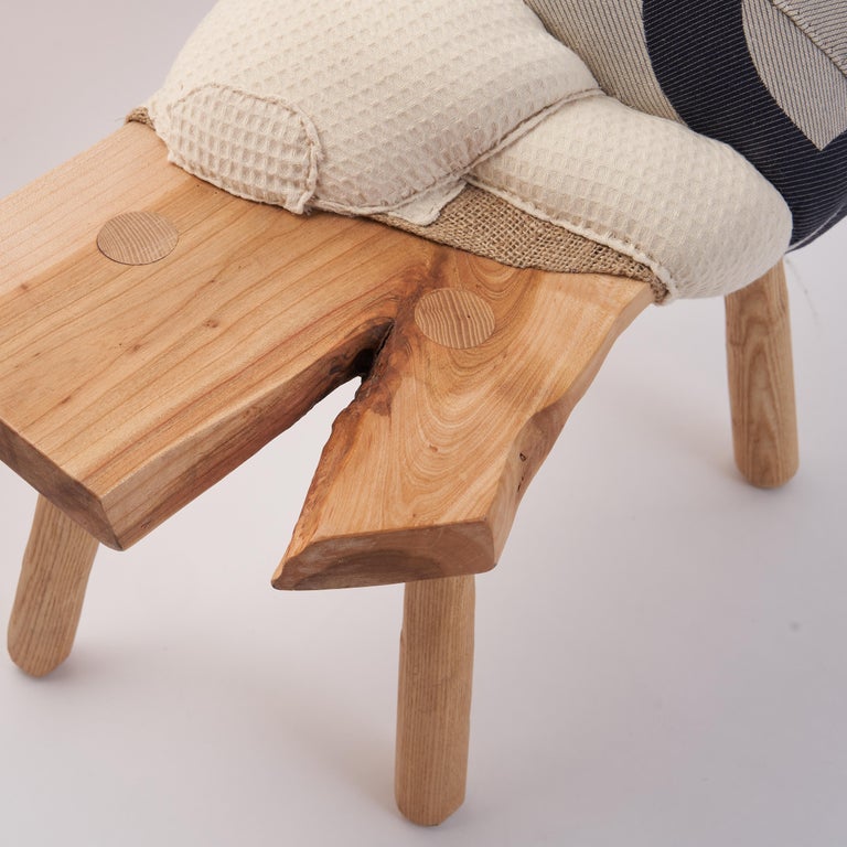 Hand Carved and Woven Stool, Partly Quilted Textile Pouf, Modern Burl ...