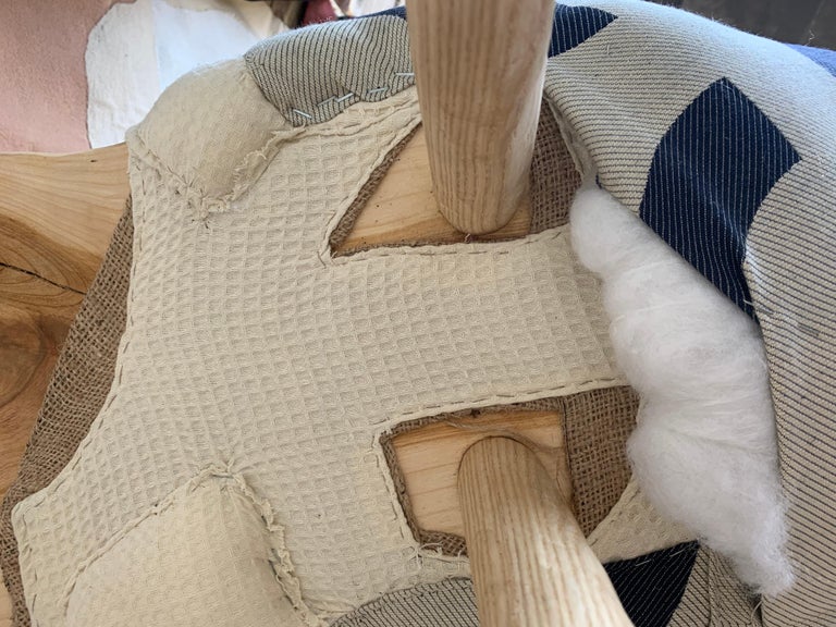 Hand Carved and Woven Stool, Partly Quilted Textile Pouf, Modern Burl ...