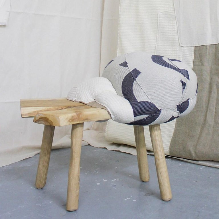 Hand Carved and Woven Stool, Partly Quilted Textile Pouf, Modern Burl ...