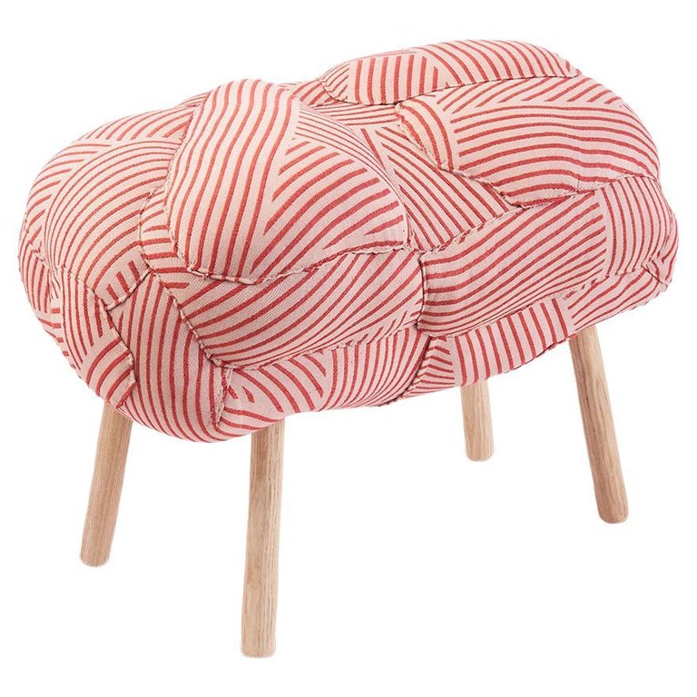 Hand Carved and Woven Stool, Quilted Textile Pouf, Modern Burl Stool ...