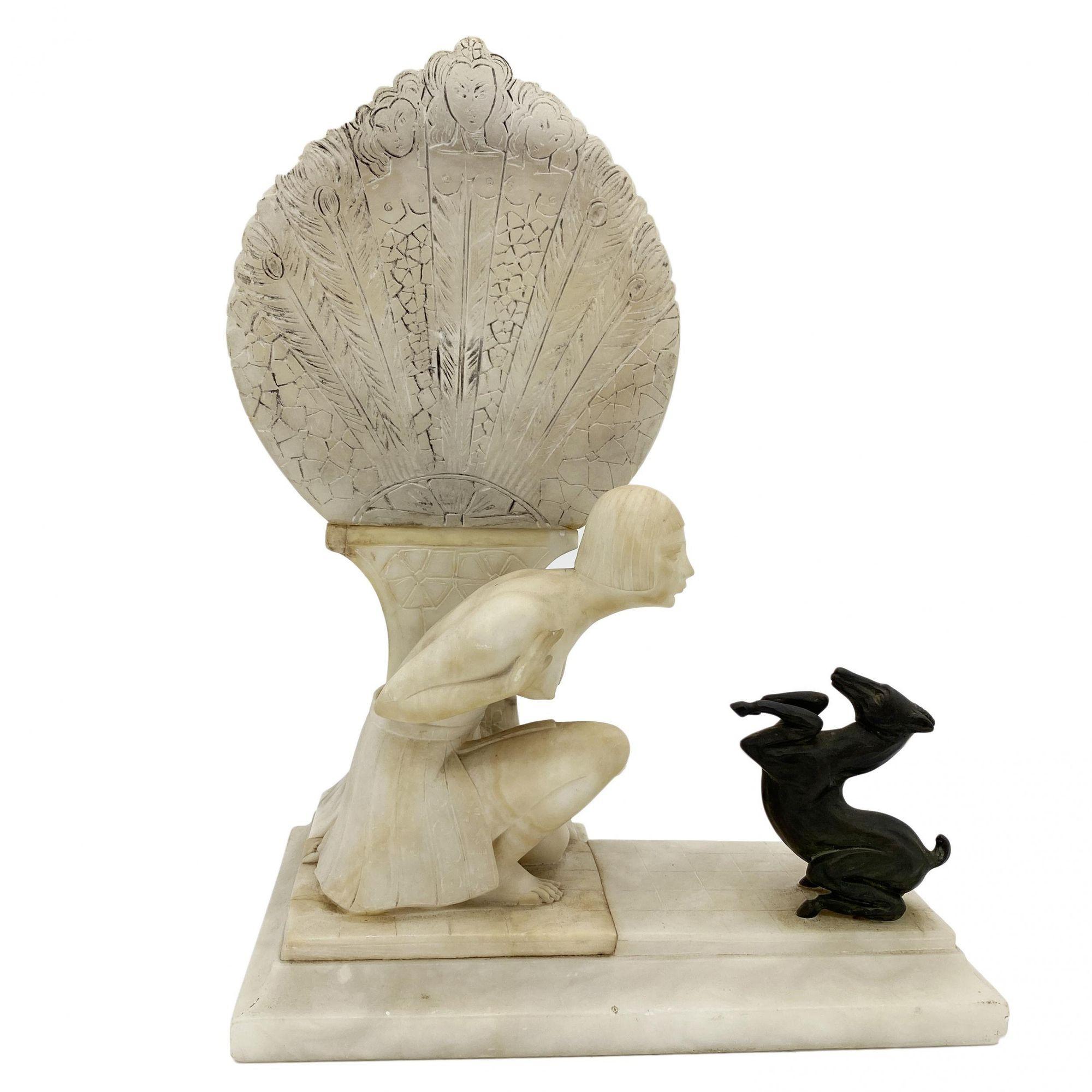 Hand Carved Art Deco Nude Flapper Girl Alabatser Table Lamp w/ Bronze ...