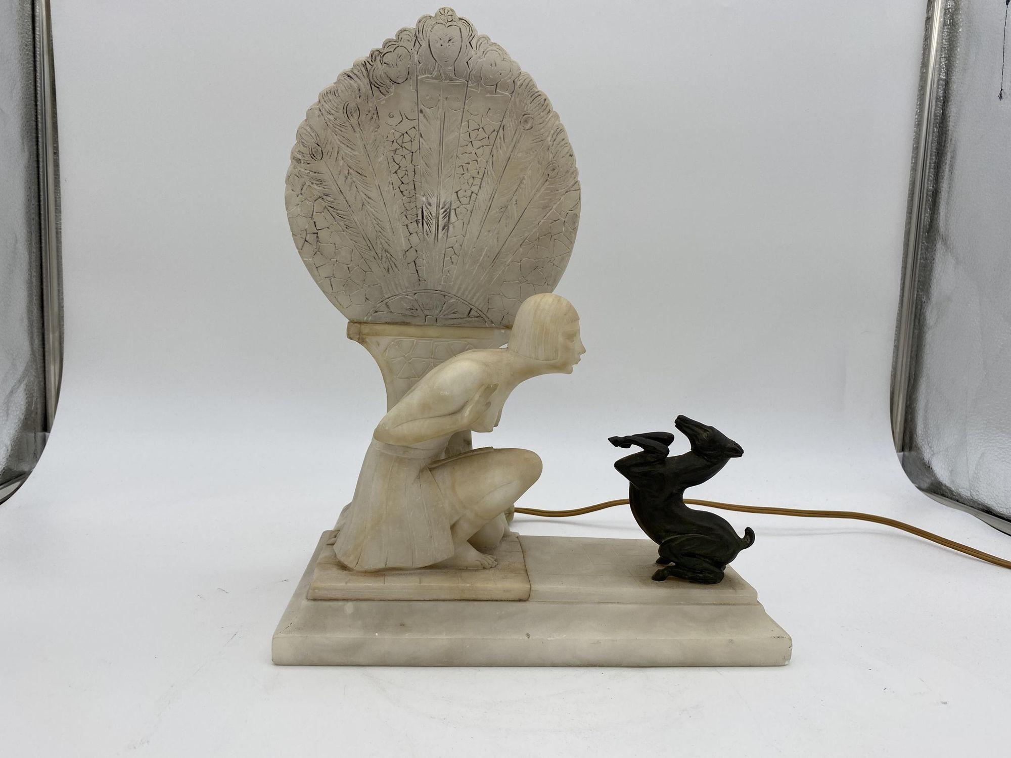 Hand Carved Art Deco Nude Flapper Girl Alabatser Table Lamp w/ Bronze ...