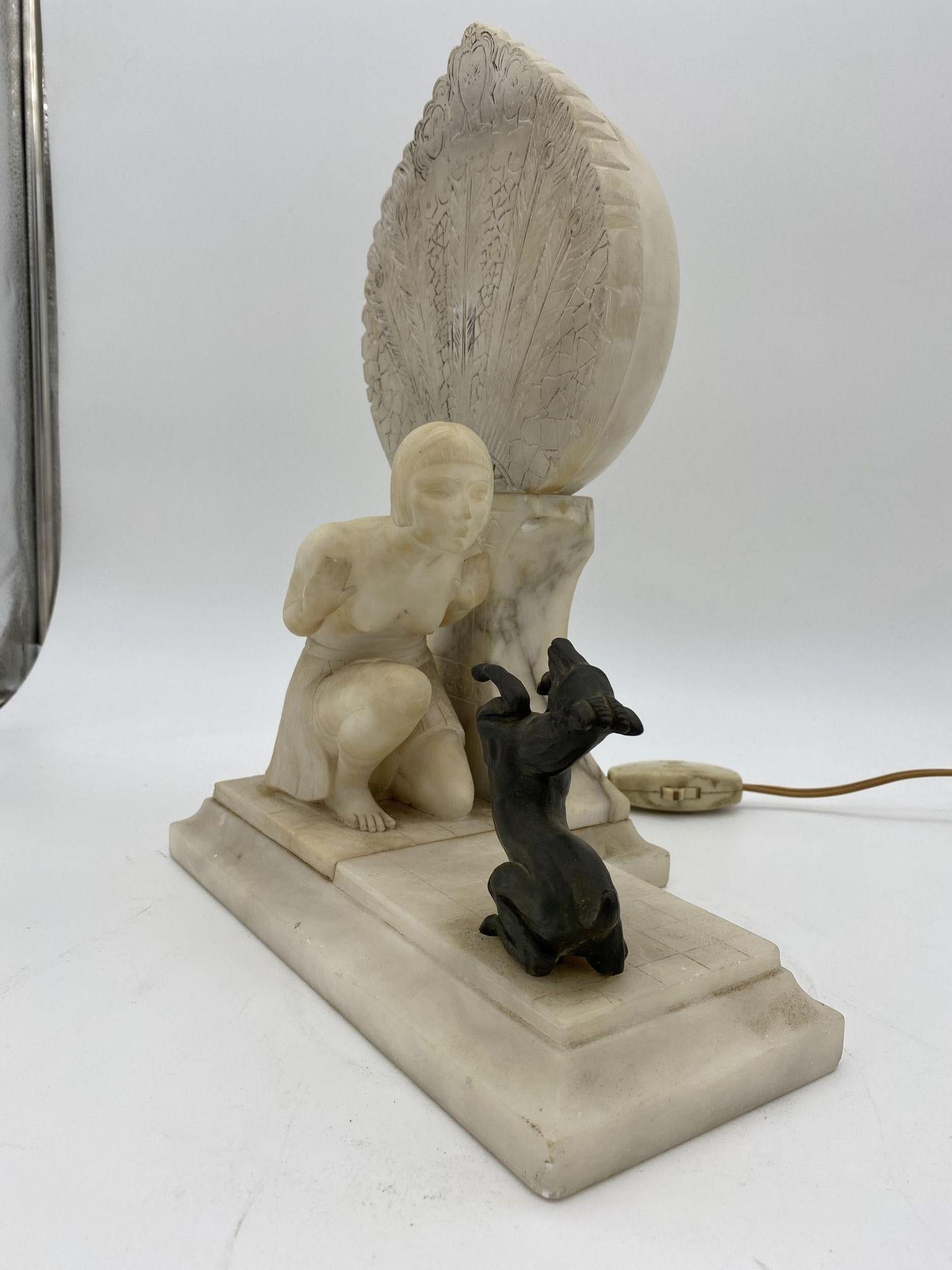 Hand Carved Art Deco Nude Flapper Girl Alabatser Table Lamp w/ Bronze ...
