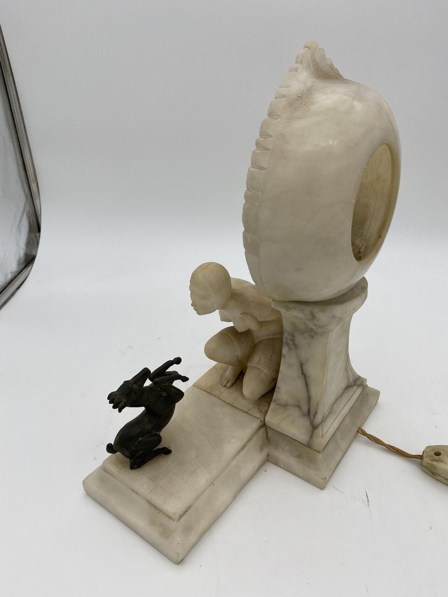 Hand Carved Art Deco Nude Flapper Girl Alabatser Table Lamp w/ Bronze ...