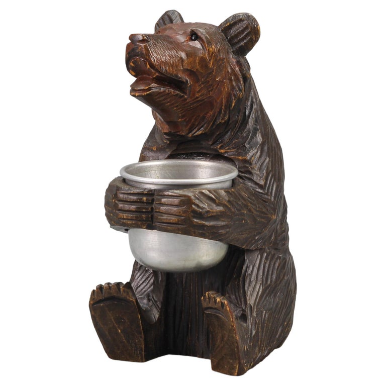 Hand-Carved Black Forest Bear with Aluminum Pot For Sale at 1stDibs