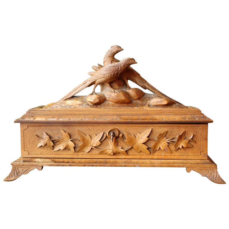 Hand Carved Black Forest Wood Jewelry Box with Birds and Leaves at 1stDibs