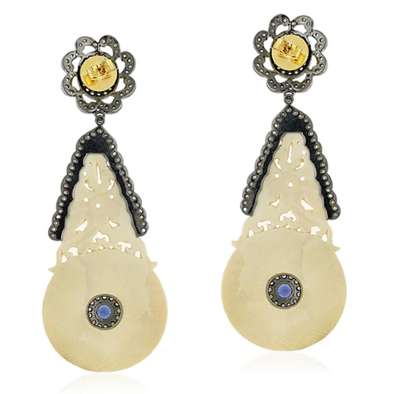 Hand Carved Bone Earring with Diamonds and Sapphire in Silver For Sale ...