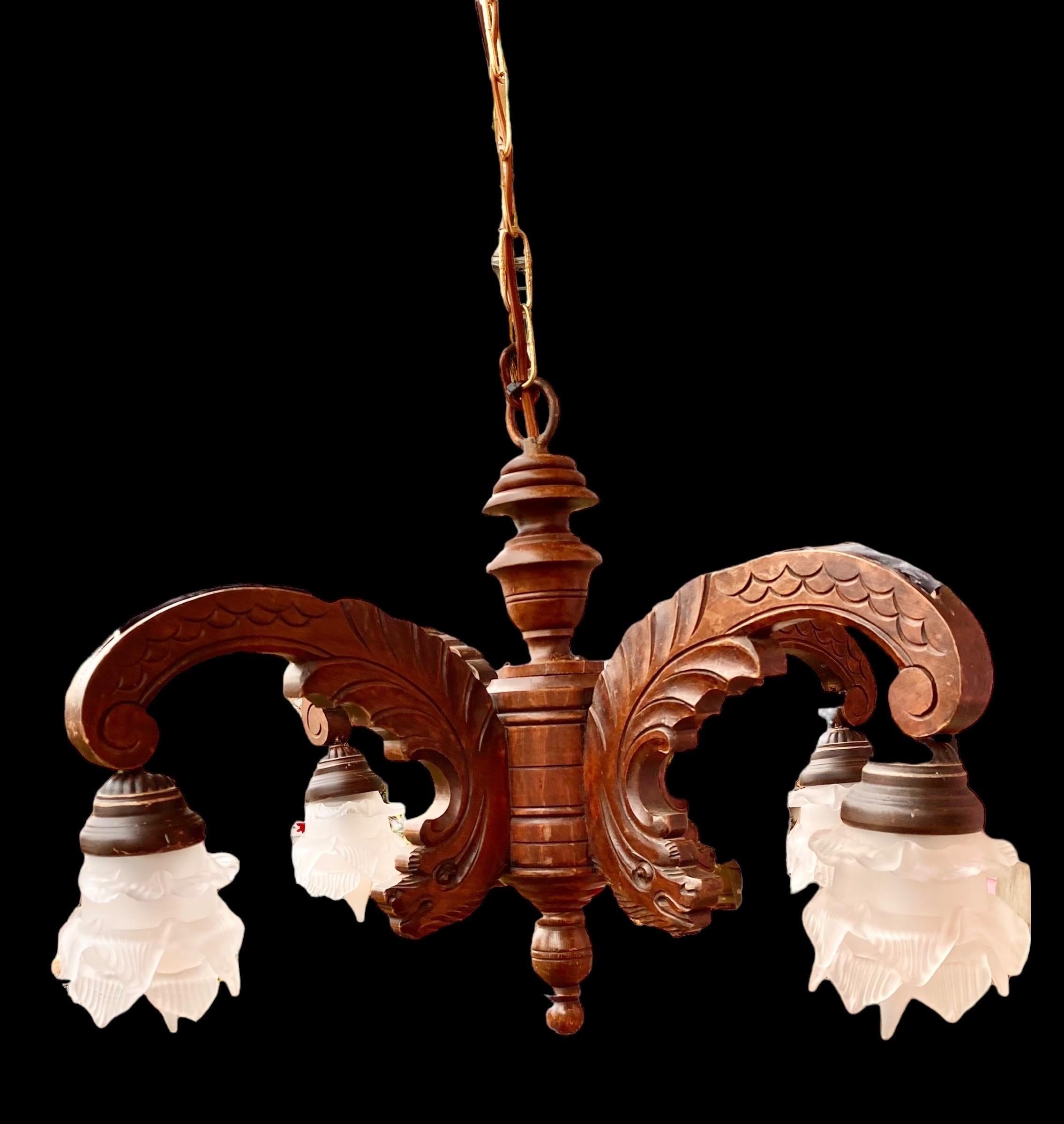 Hand Carved Chandelier in Medieval Gothic Style with Four Lalique Style ...