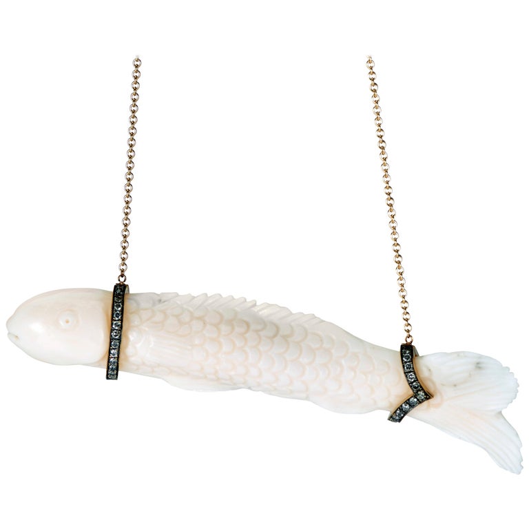 Hand Carved Coral Fish Pendant with Chain Necklace For Sale at 1stDibs