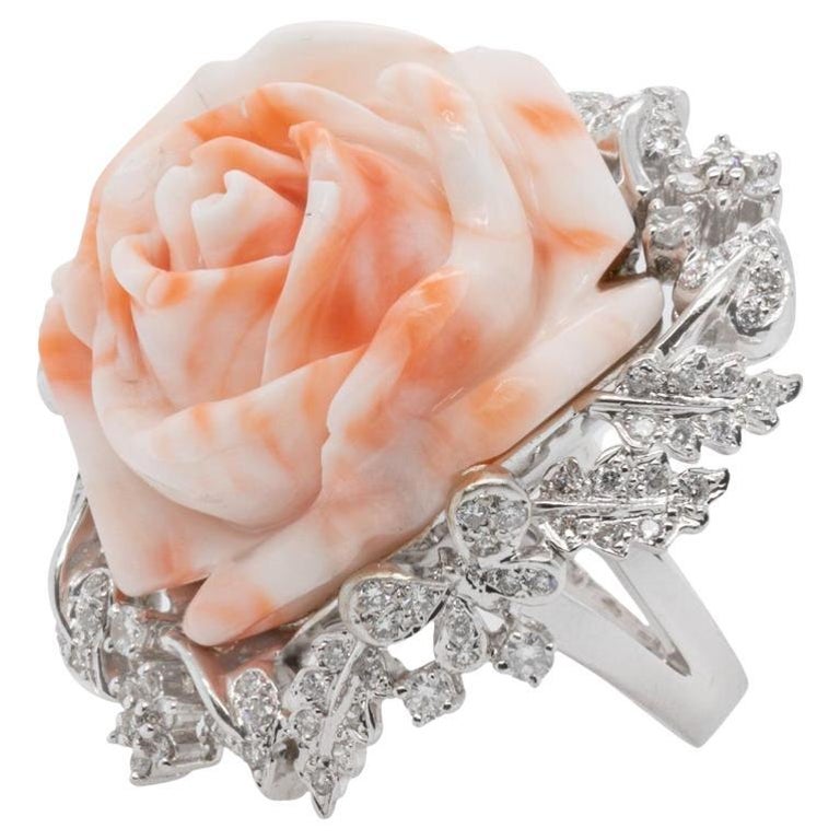 Hand Carved Coral Ring with 2.40 Carats of Diamonds 18k Gold For Sale ...