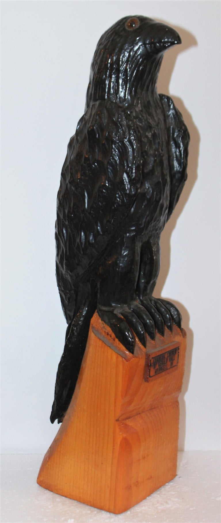 Hand Carved Crow with Glass Eyes Signed by the Carver For Sale at 1stDibs